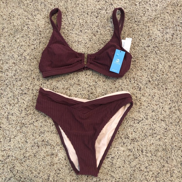 Swim | Nwt High Waisted Maroon Ribbed Bikini | Poshmark
